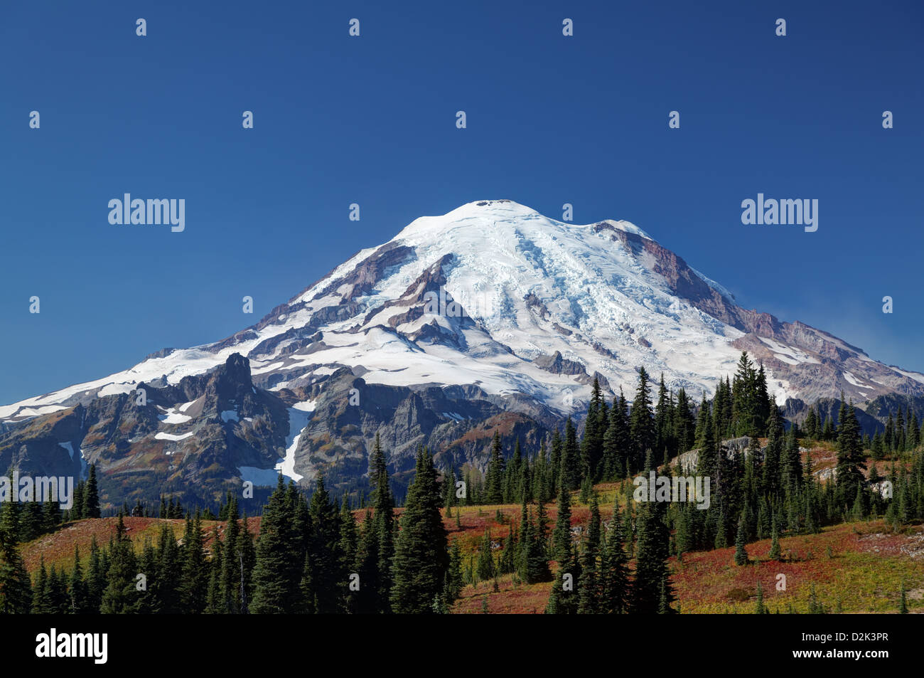 Mount Rainier above autumn colored meadows, Naches Peak Loop Trail ...