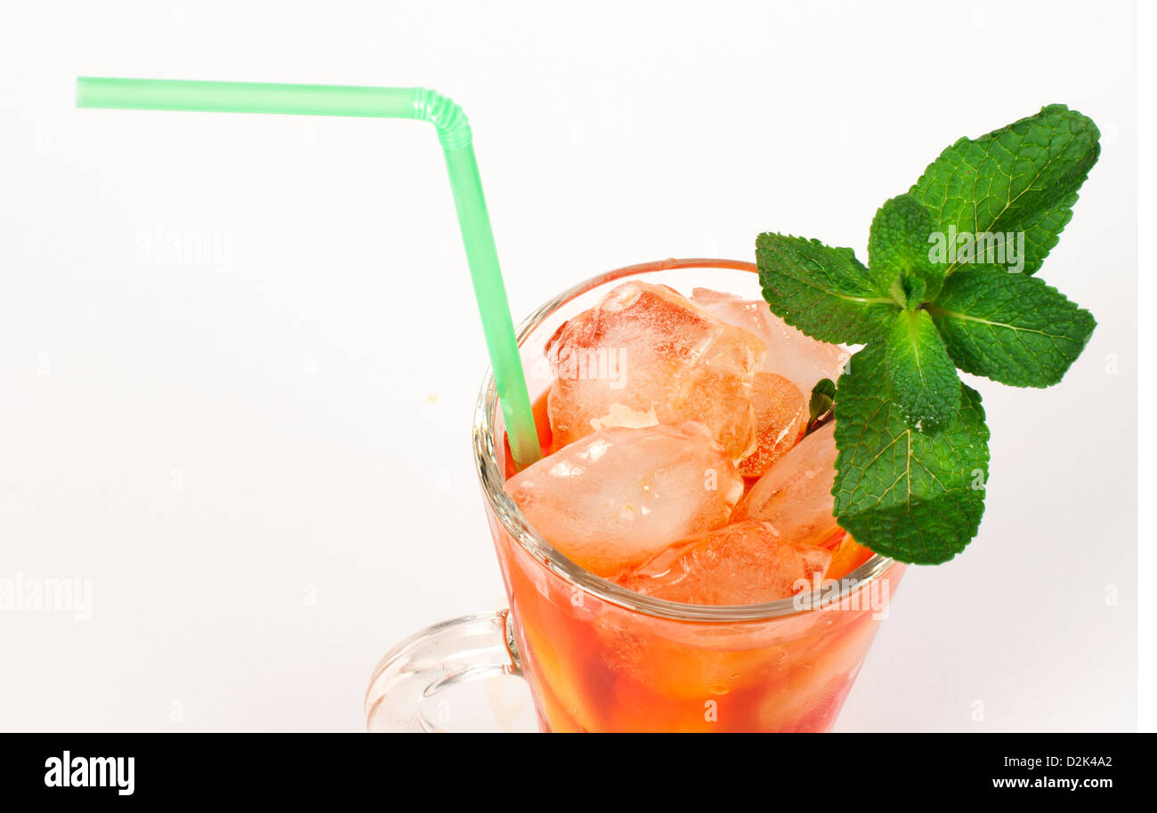 Ice tea white isolated. Glass ice tea with ice cubes and mint Stock ...
