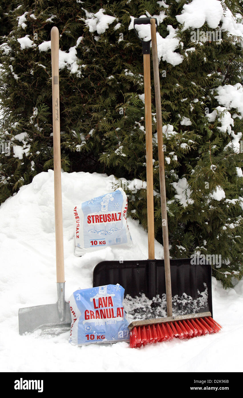 Neuenhagen, Germany, snow shovels, brooms, ice pick, granules and grit ...