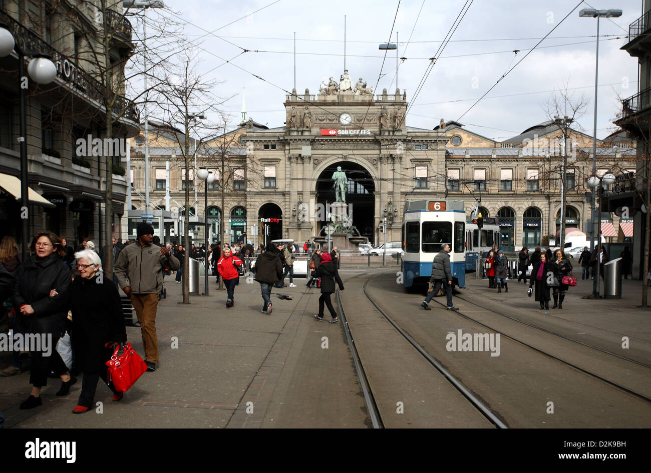 Zurich, Switzerland, view from the main street to the train station ...