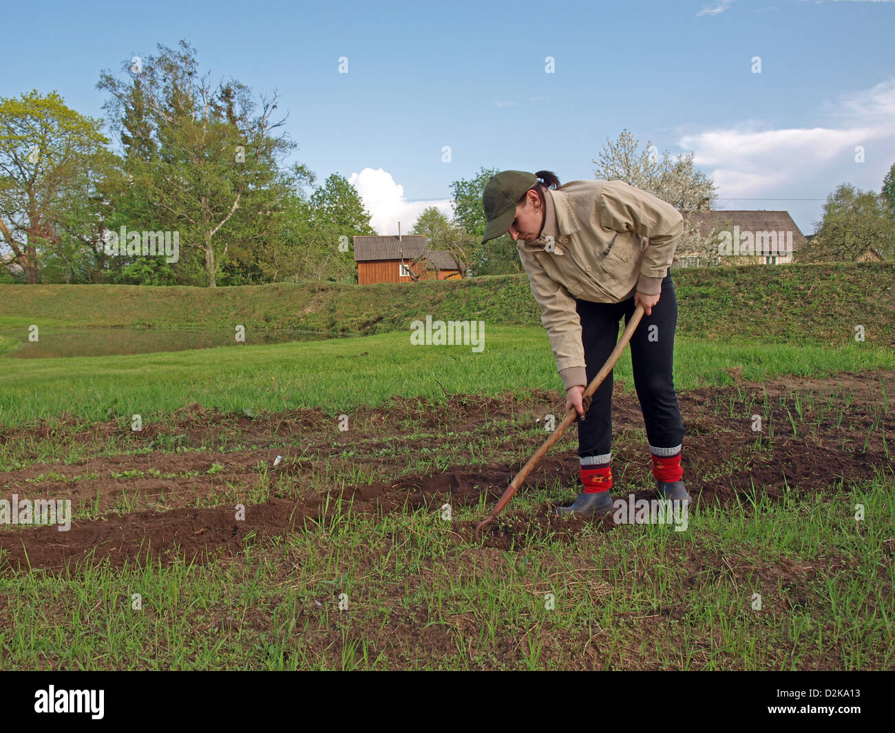 Young woman with hoe weeding vegetable garden on spring Stock Photo - Alamy
