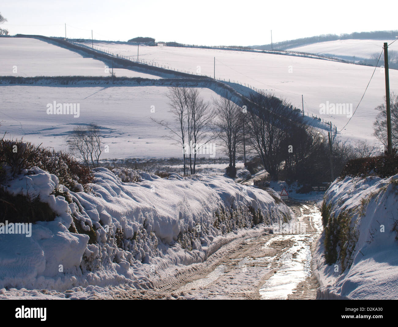 Road from Yelland to Challacombe Church and Barton Town, Exmoor in snow ...