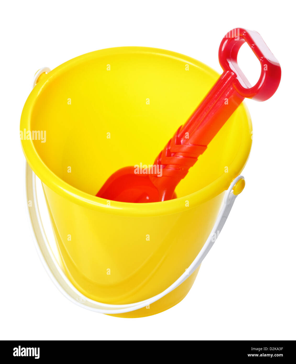 yellow toy bucket and red scoop, isolated on white Stock Photo - Alamy