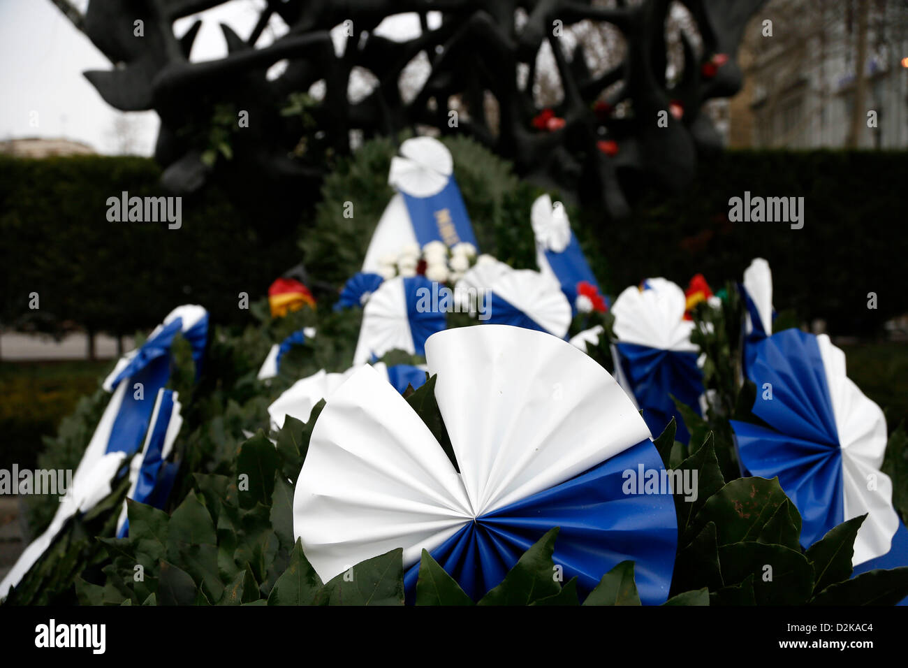 Μemorial wreaths in front of the Holocaust memorial monument. Ceremony ...