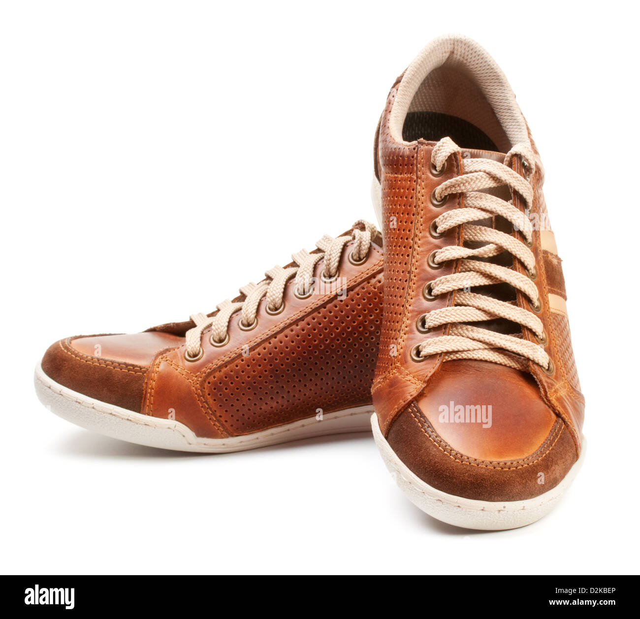 brown leather trainer shoes isolated on white Stock Photo - Alamy
