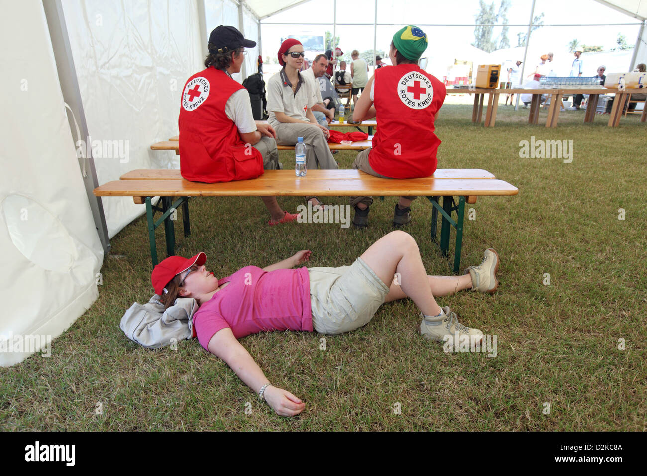 Carrefour, Haiti, exhausted Red Cross workers are resting Stock Photo ...