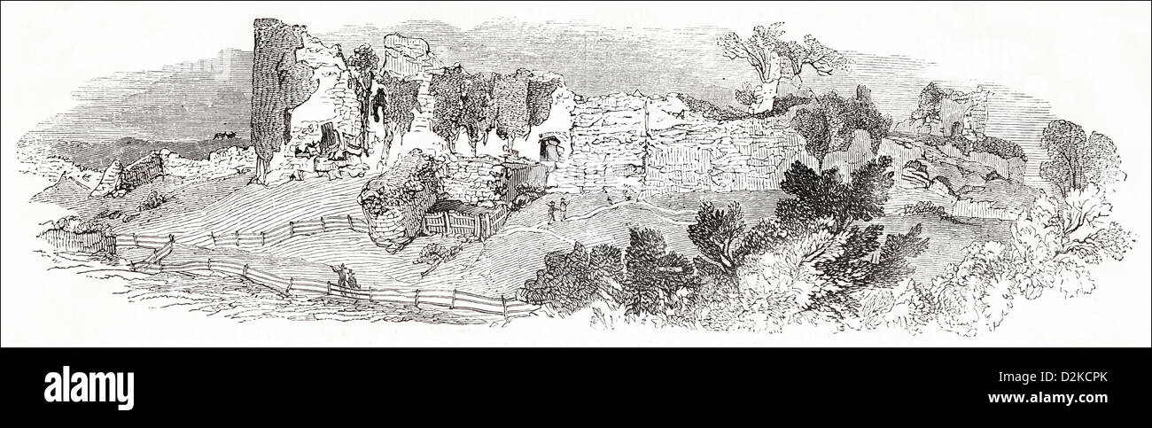 Ruins of Pevensey Castle East Sussex Victorian woodcut engraving circa ...
