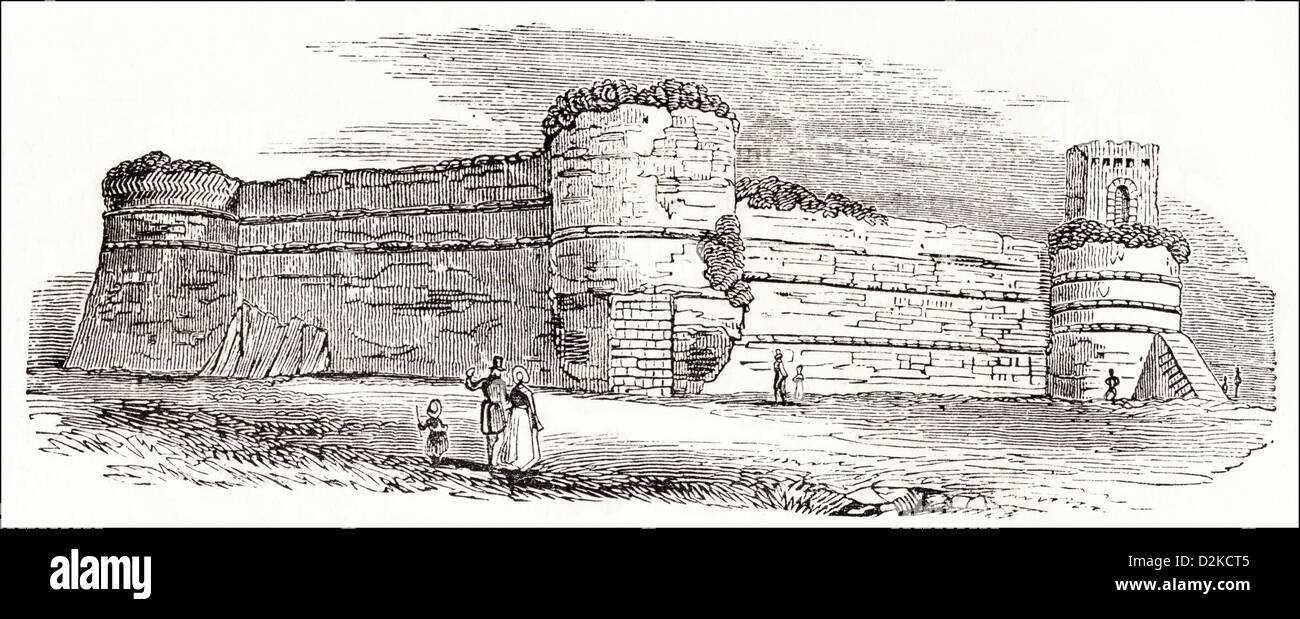 Walls of Pevensey Castle East Sussex Victorian woodcut engraving circa ...