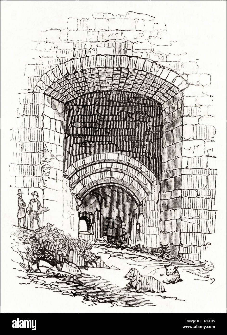 Sally port at Pevensey Castle East Sussex Victorian woodcut engraving ...