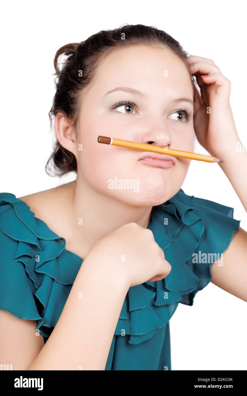 pretty girl thought isolated white background Stock Photo - Alamy