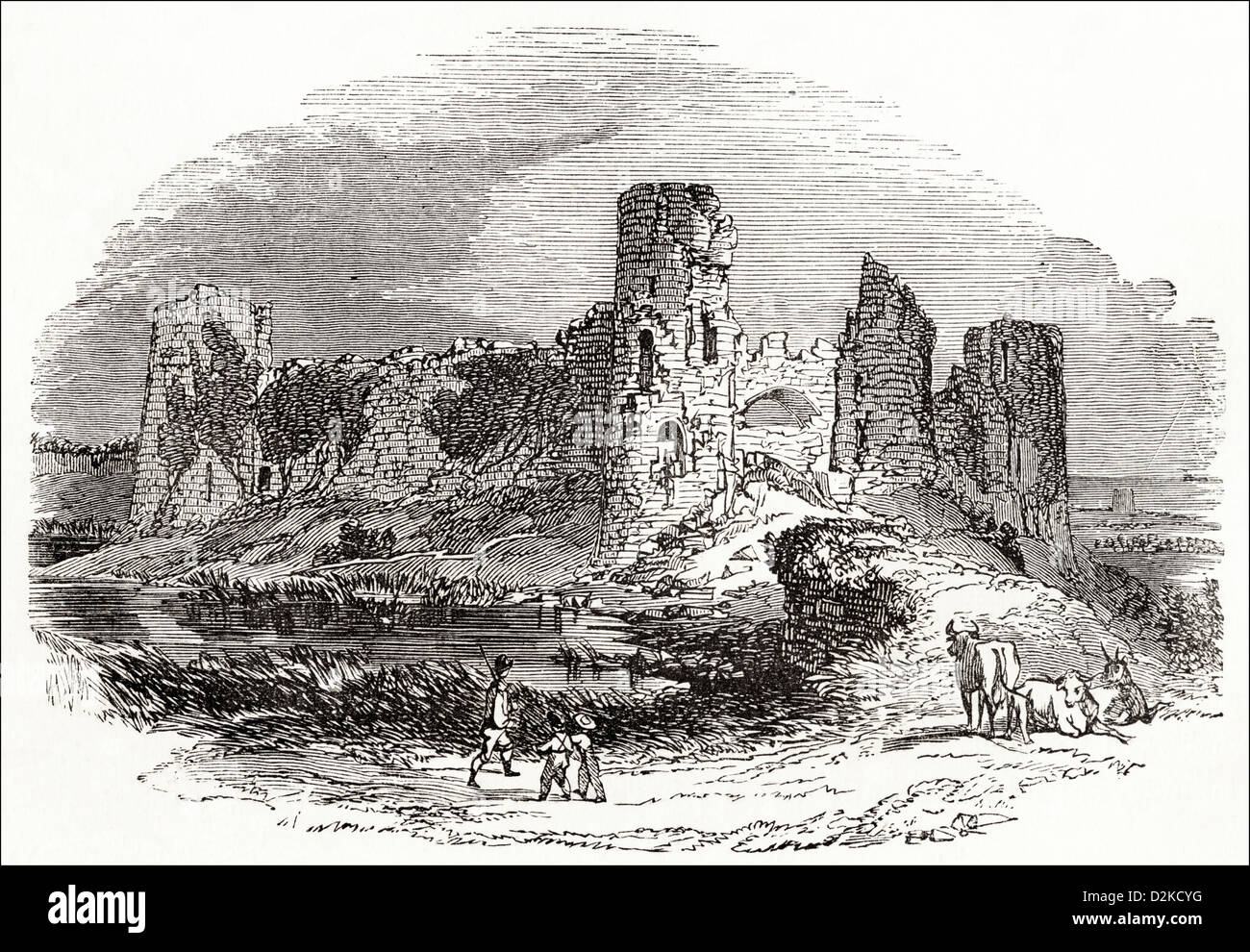 Ruins of Norman Keep at Pevensey Castle East Sussex Victorian woodcut ...