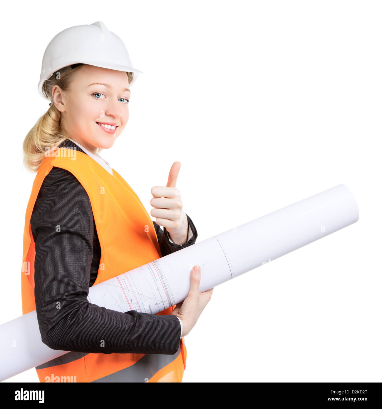 engineer woman with drawing thumbs up, isolated on white Stock Photo ...