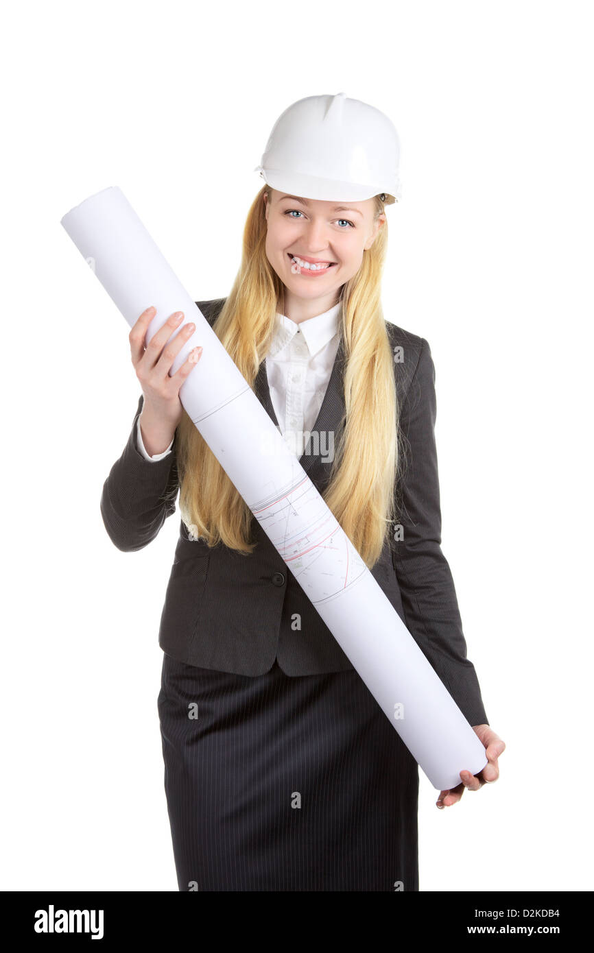 engineer woman with drawing, isolated on white Stock Photo - Alamy