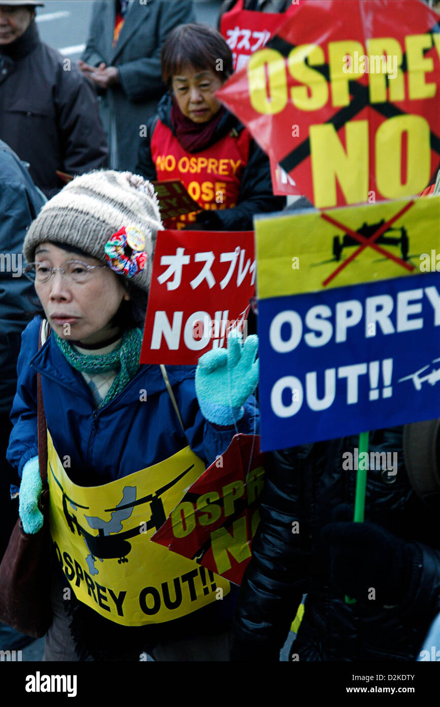 January 27, 2013, Tokyo, Japan - Demonstrators show slogans during the ...