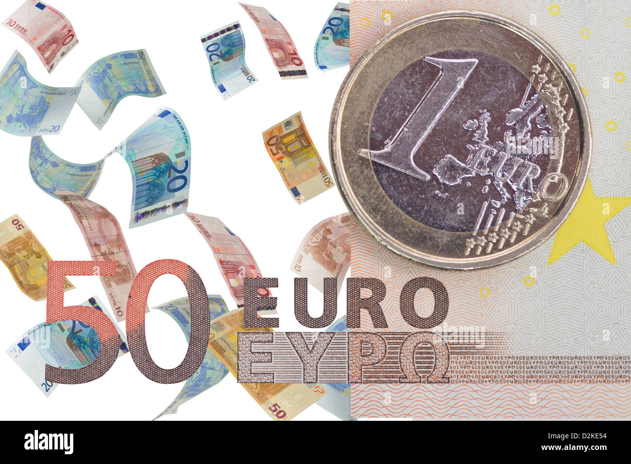 Euro currency concept image with falling currency on a fifty euro note ...