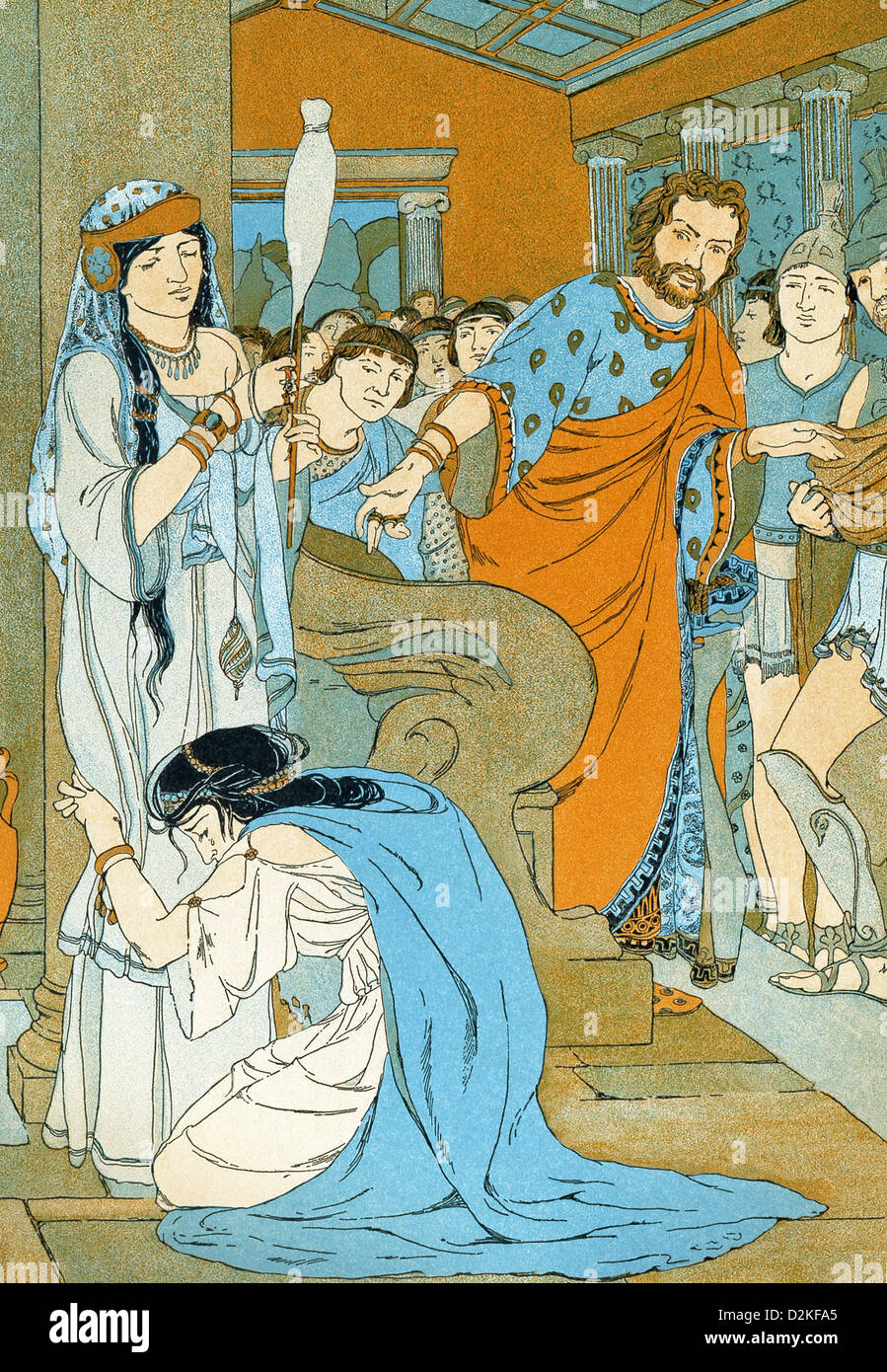 Medea begs for help from Arete, wife of Alcinous (standing in robe) who ...