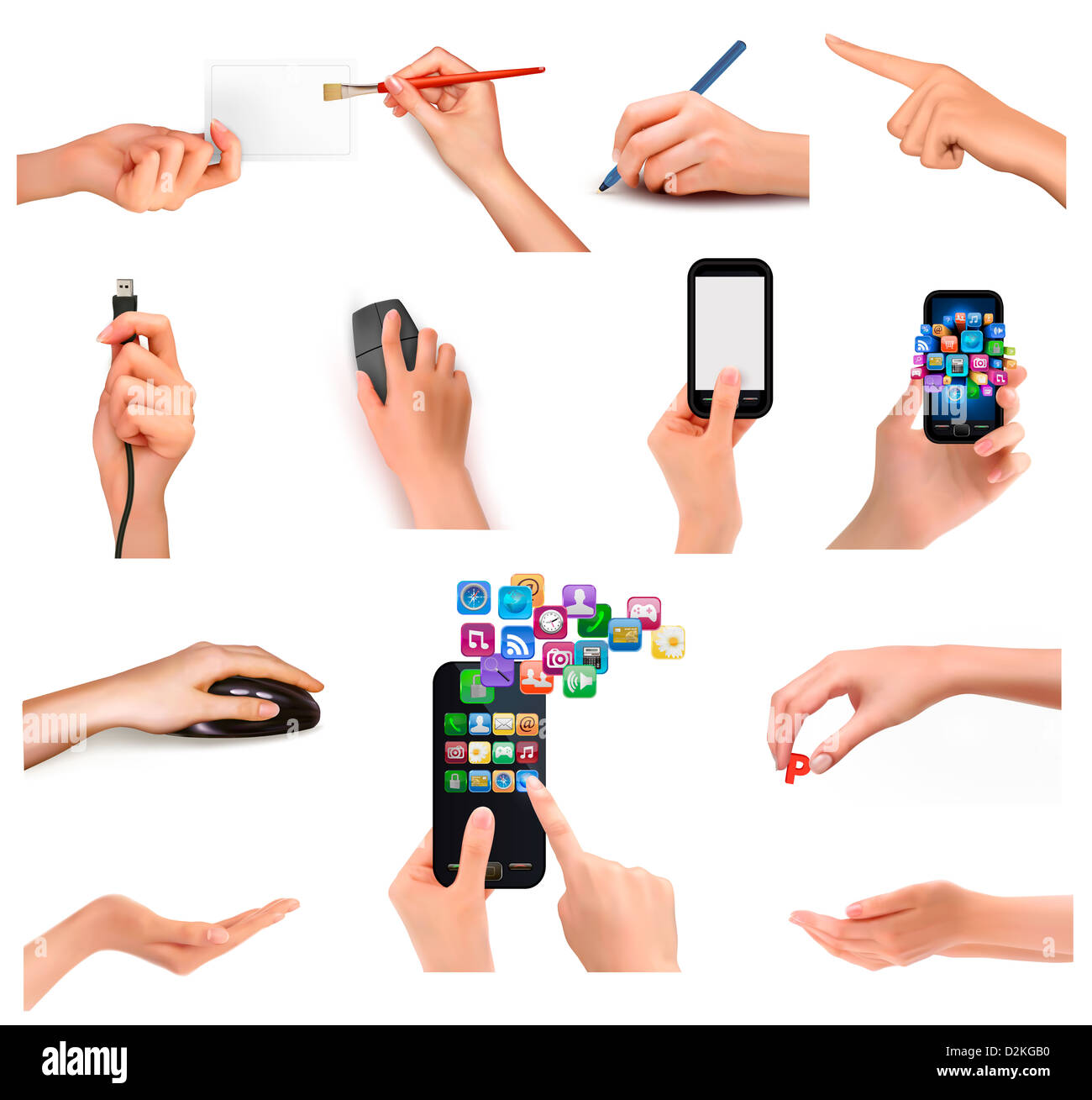 Collection of hands holding different business objects Stock Photo - Alamy