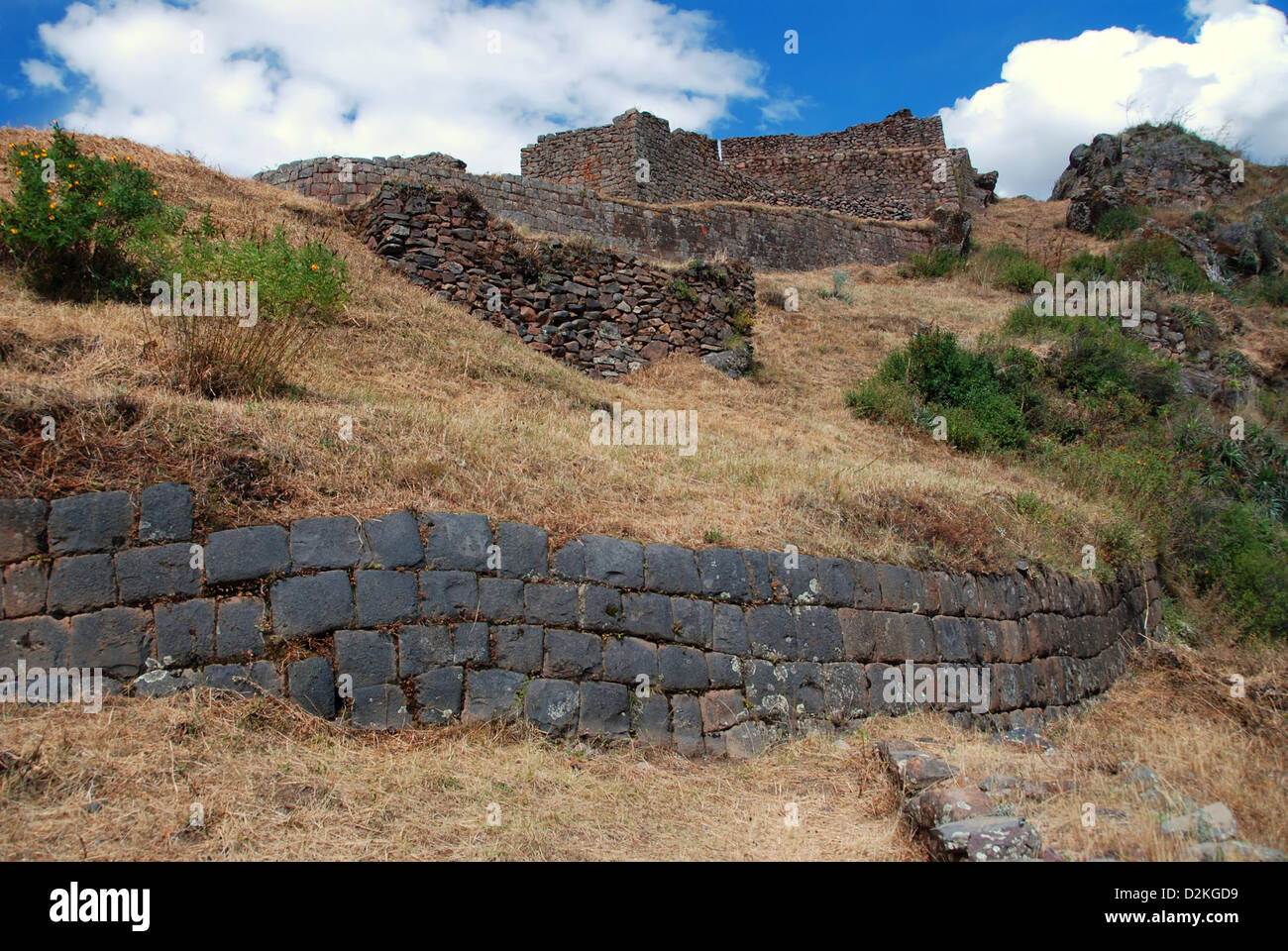 Inca walls at the ruined fortress of Pisac in the Sacred Valley, Peru ...