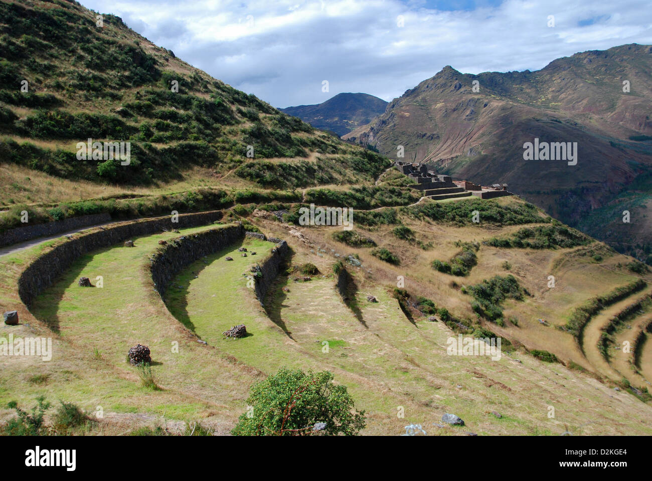 Inca terraces at the ruined fortress of Pisac in the Andean mountains ...