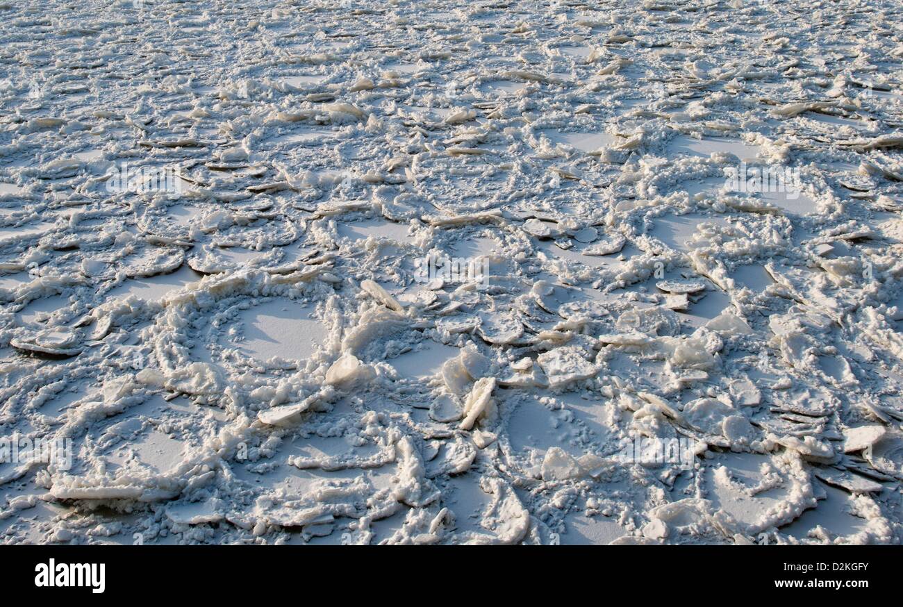 The Oder River on the German-Polish border is covered with ice floes in ...