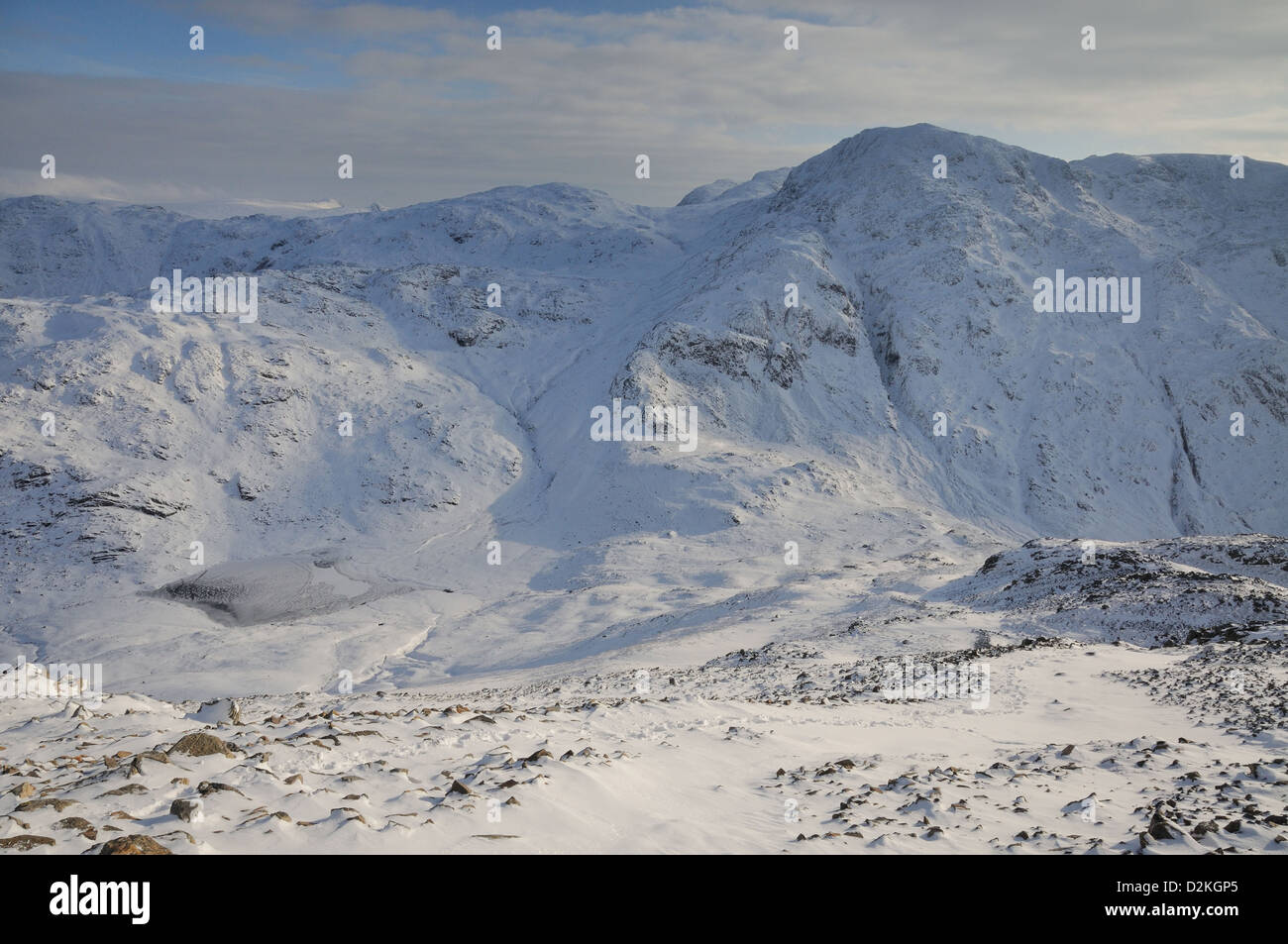 View of frozen Styhead Tarn, Great Slack, and Great End from Great ...