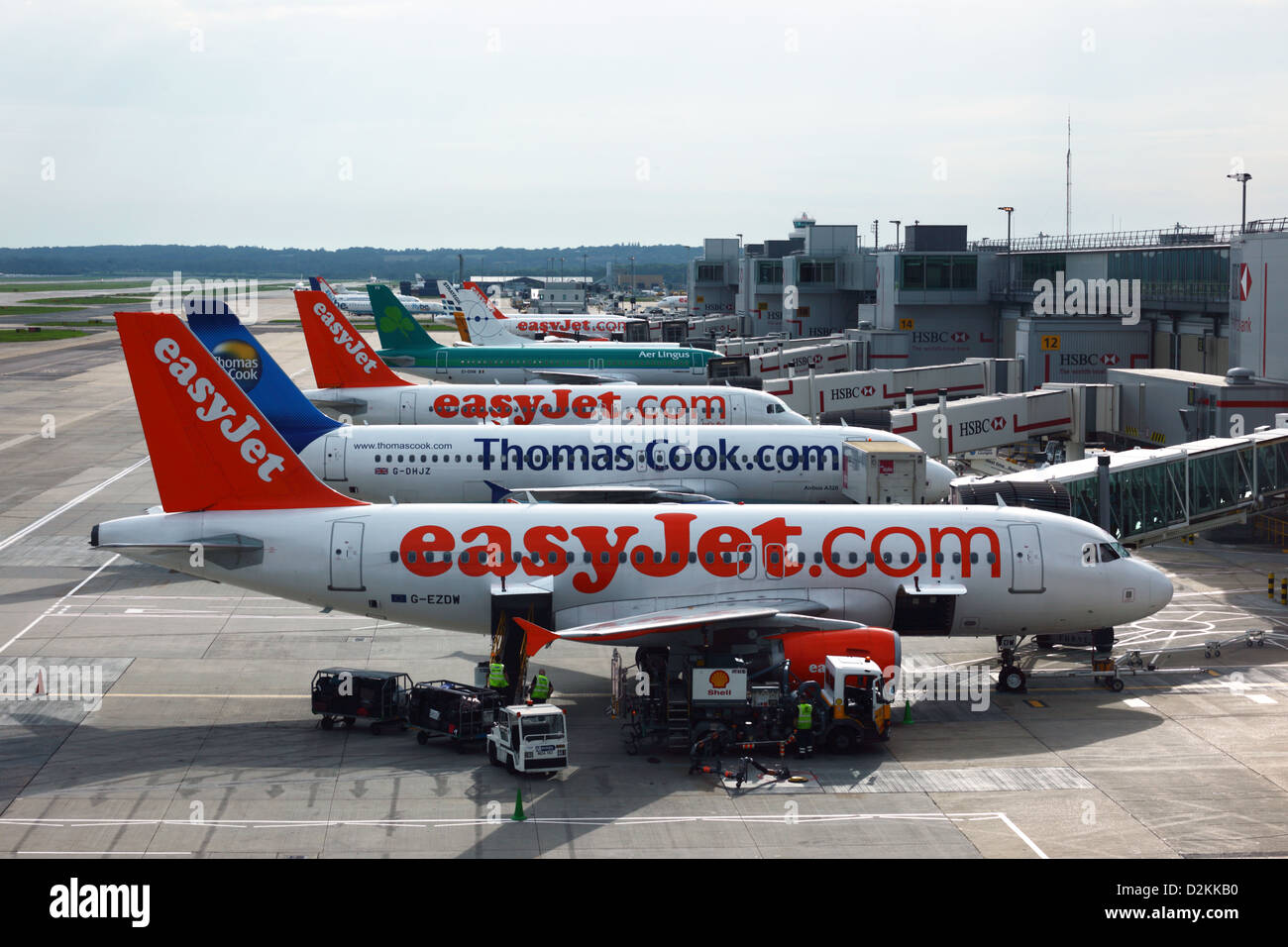 Easyjet, Thomas Cook and Air Lingus aircraft parked on ramp at South ...