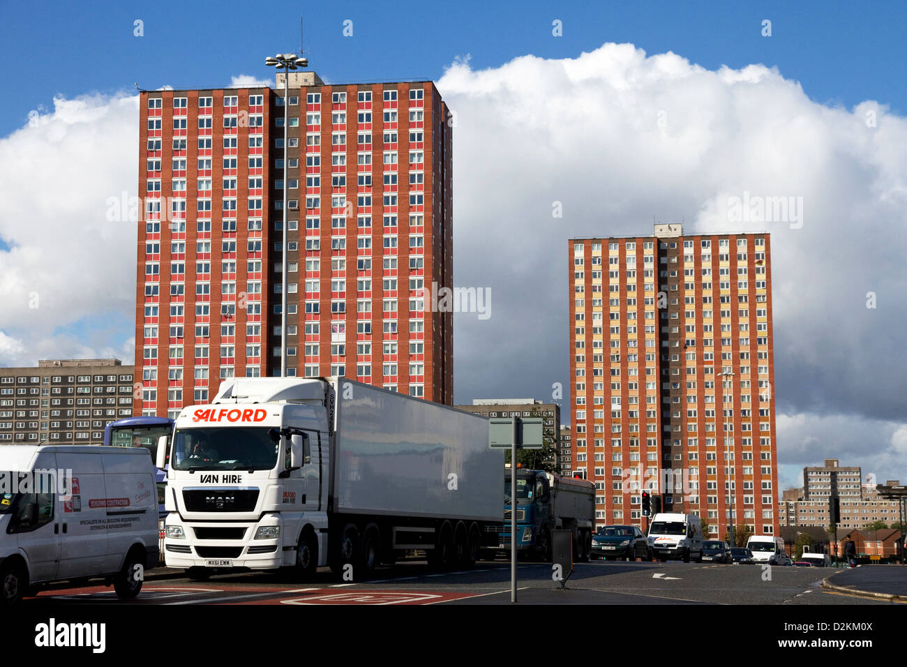 Housing tower blocks and main arterial road, Pendleton area of Salford ...