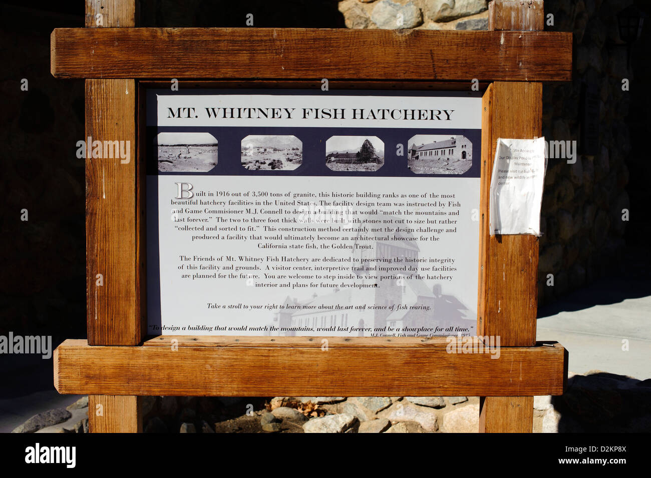 Sign explaining the history of the Historic Mount Whitney Fish Hatchery ...