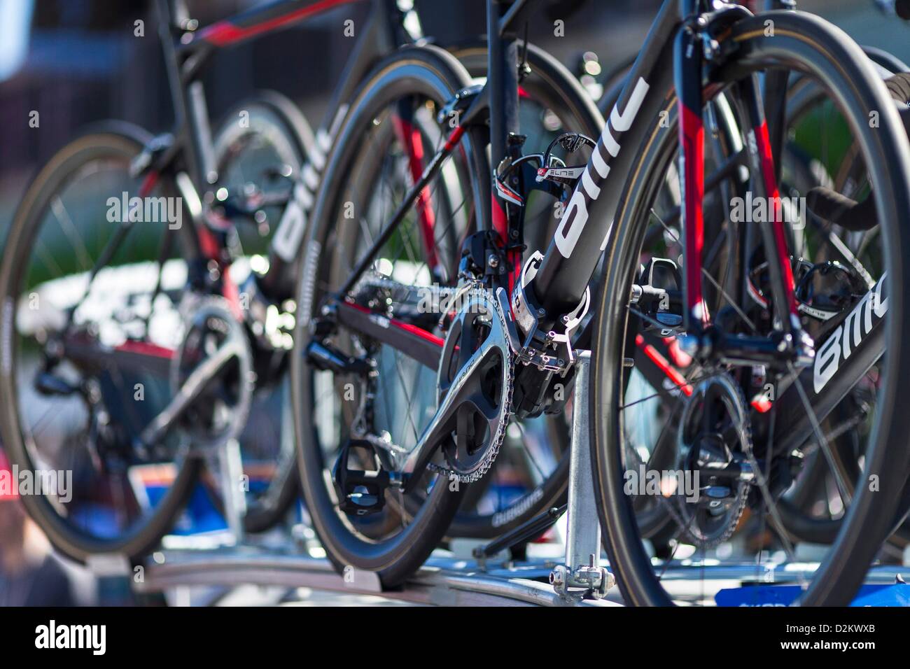 BMC bikes on the team car roof rack at the start of the Tour Down Under ...