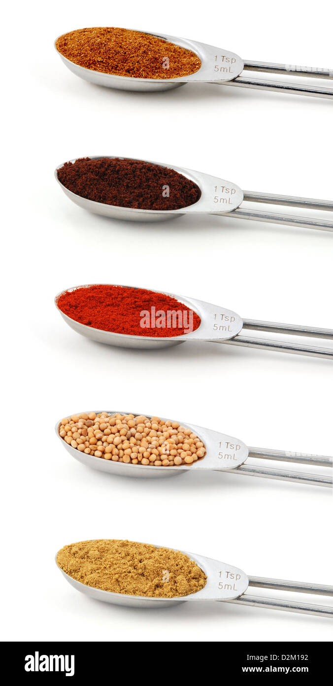 Spices measured in metal teaspoons, isolated on a white background ...