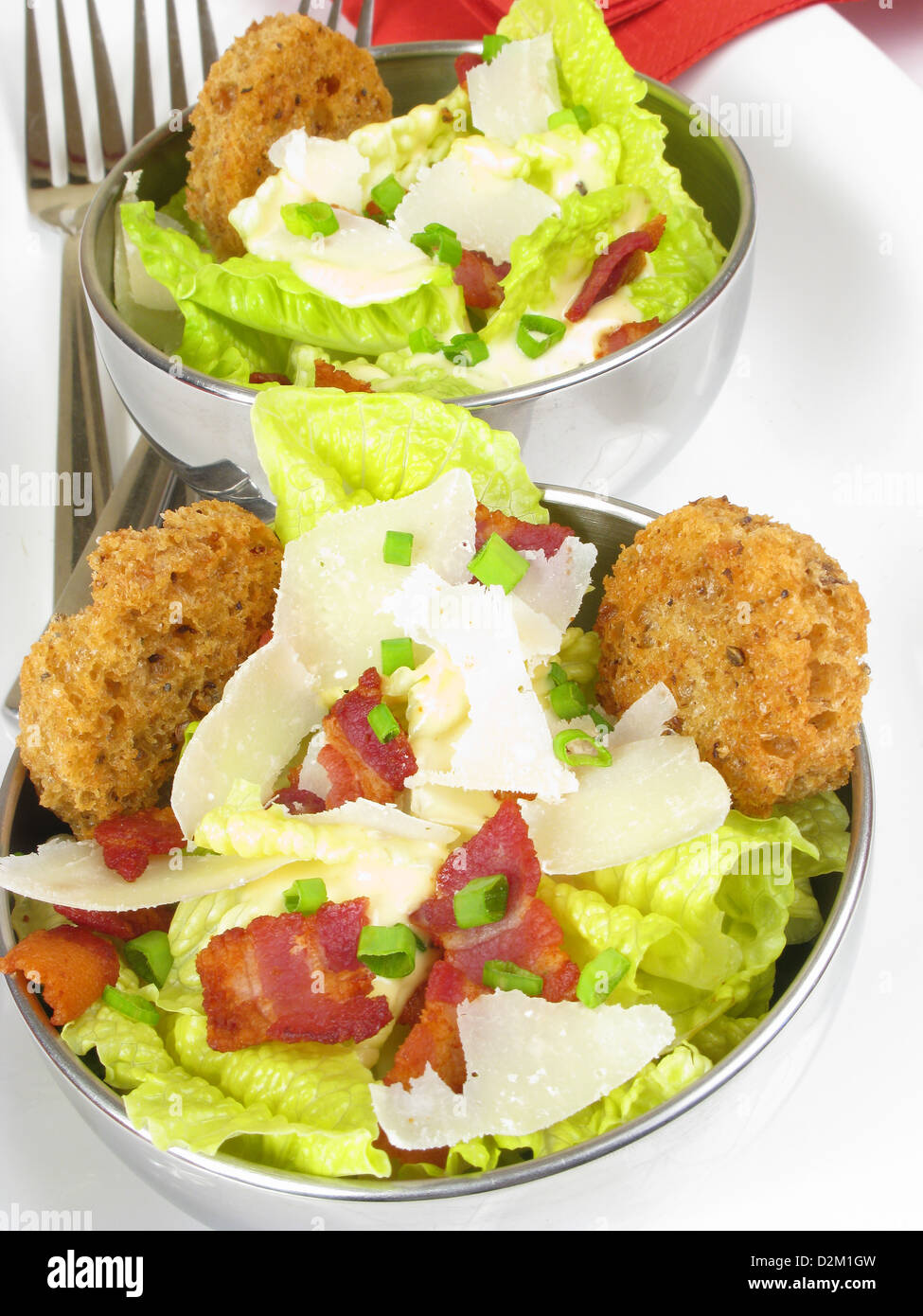 Mini bowls of Caesar salad, made with Romaine lettuce,crispy bacon ...