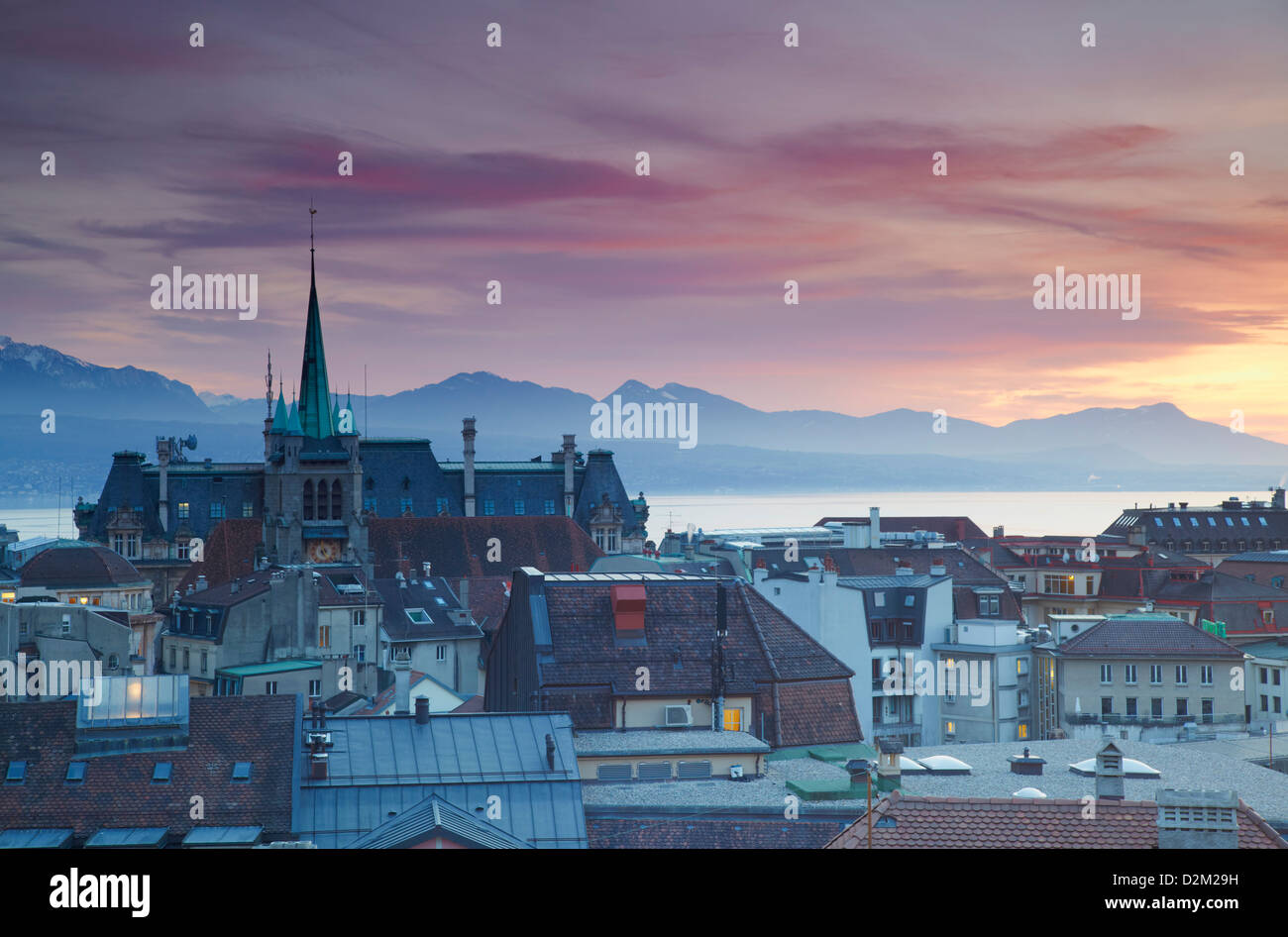 St Francois Church and city skyline at sunset, Lausanne, Vaud ...