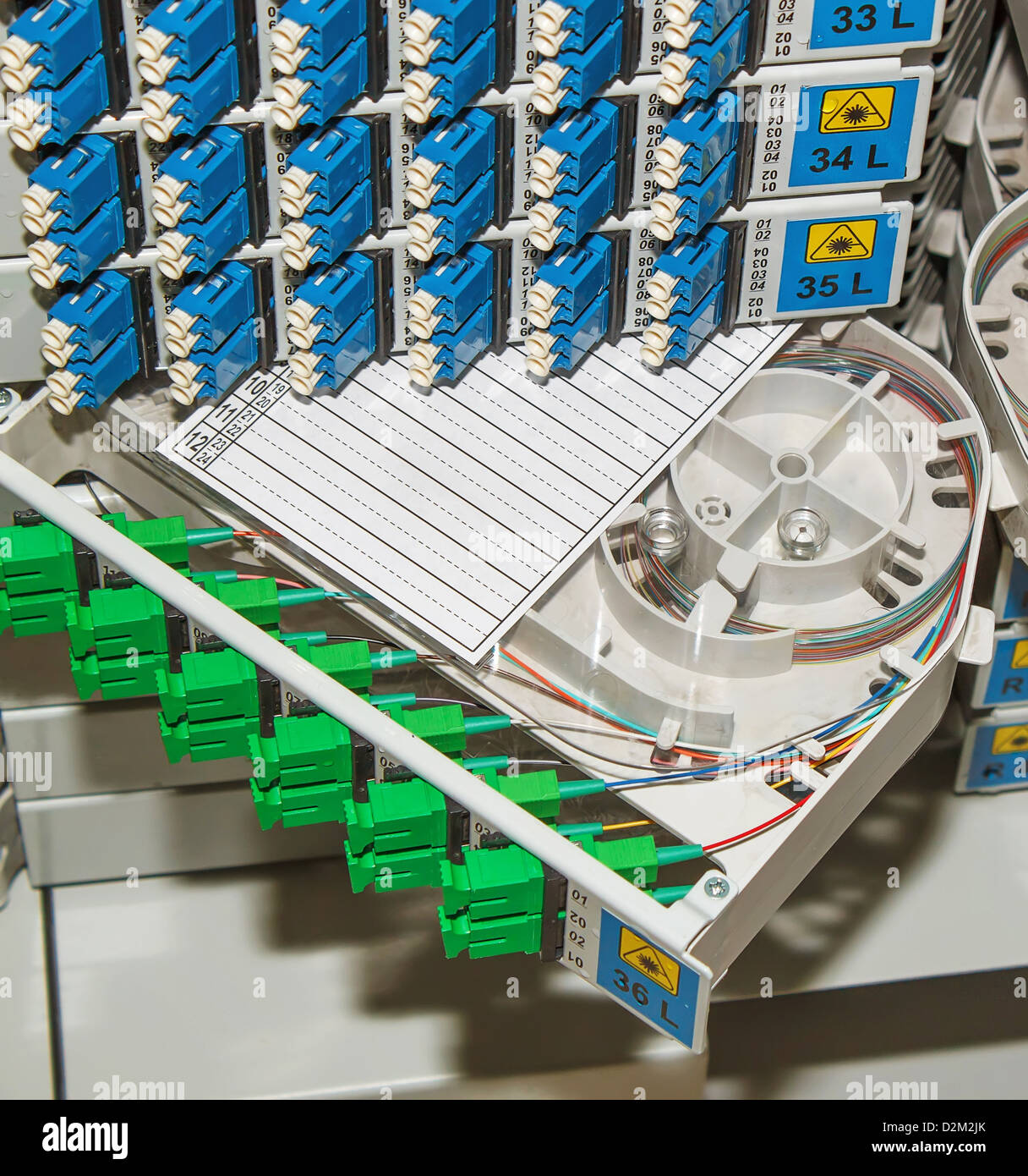 fiber optic cable management system with green and blue SC connectors ...