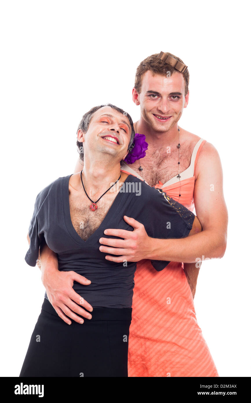 Portrait of two hilarious transvestites cross-dressing, isolated on ...