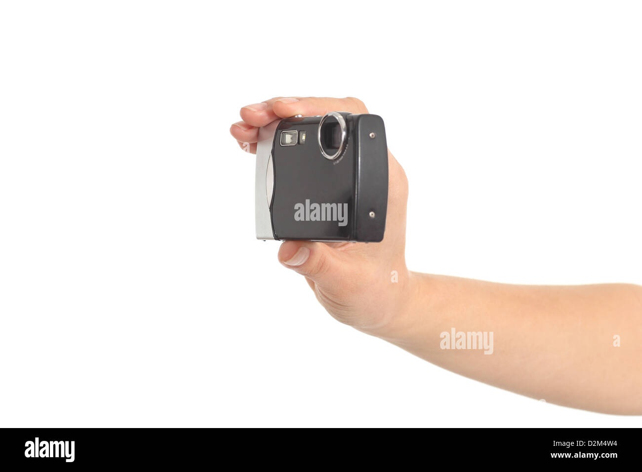 Beautiful woman hands holding a compact camera in a white isolated ...