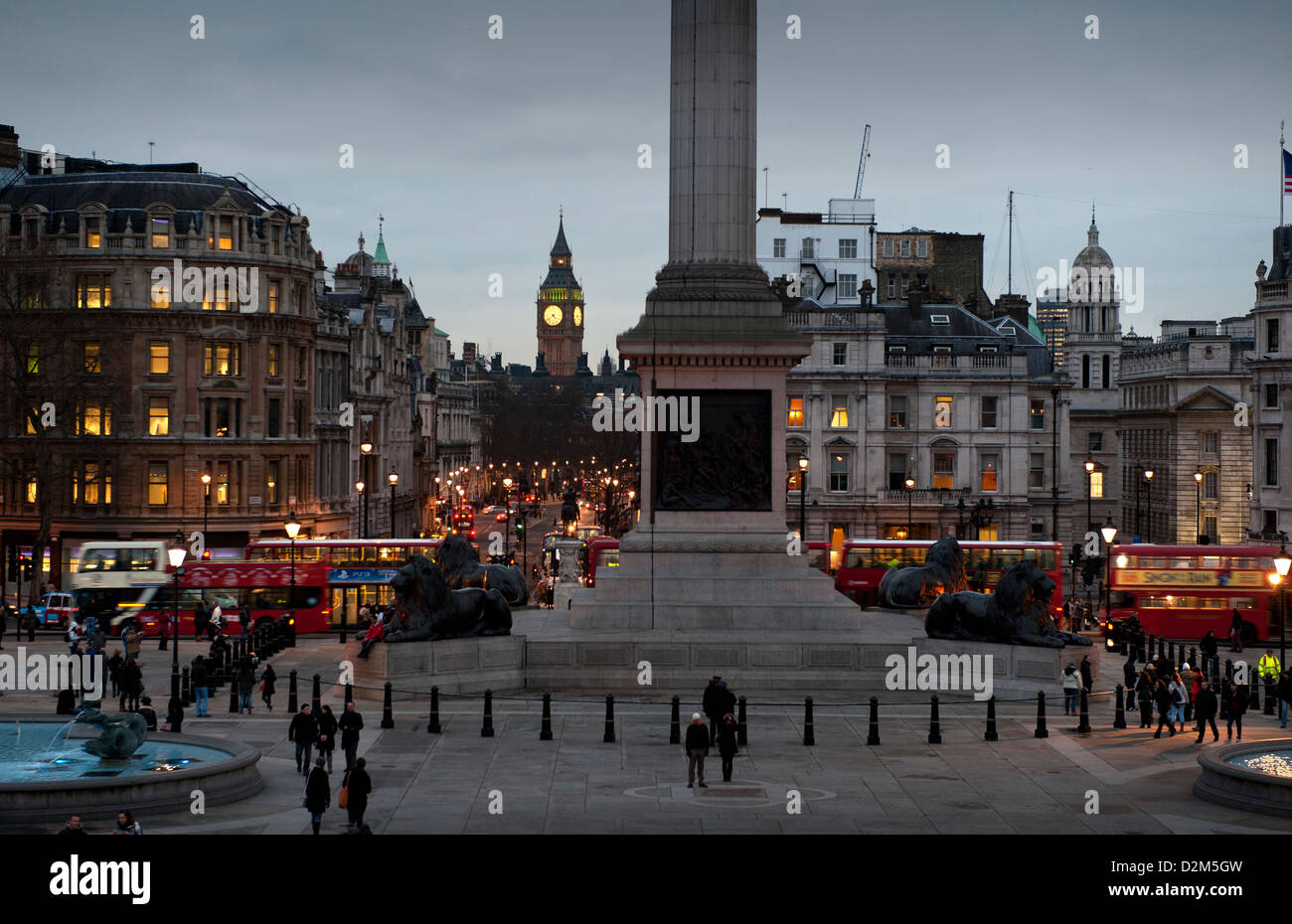 Trafalgar Square at Dusk looking down toward Big Ben and the Houses of ...