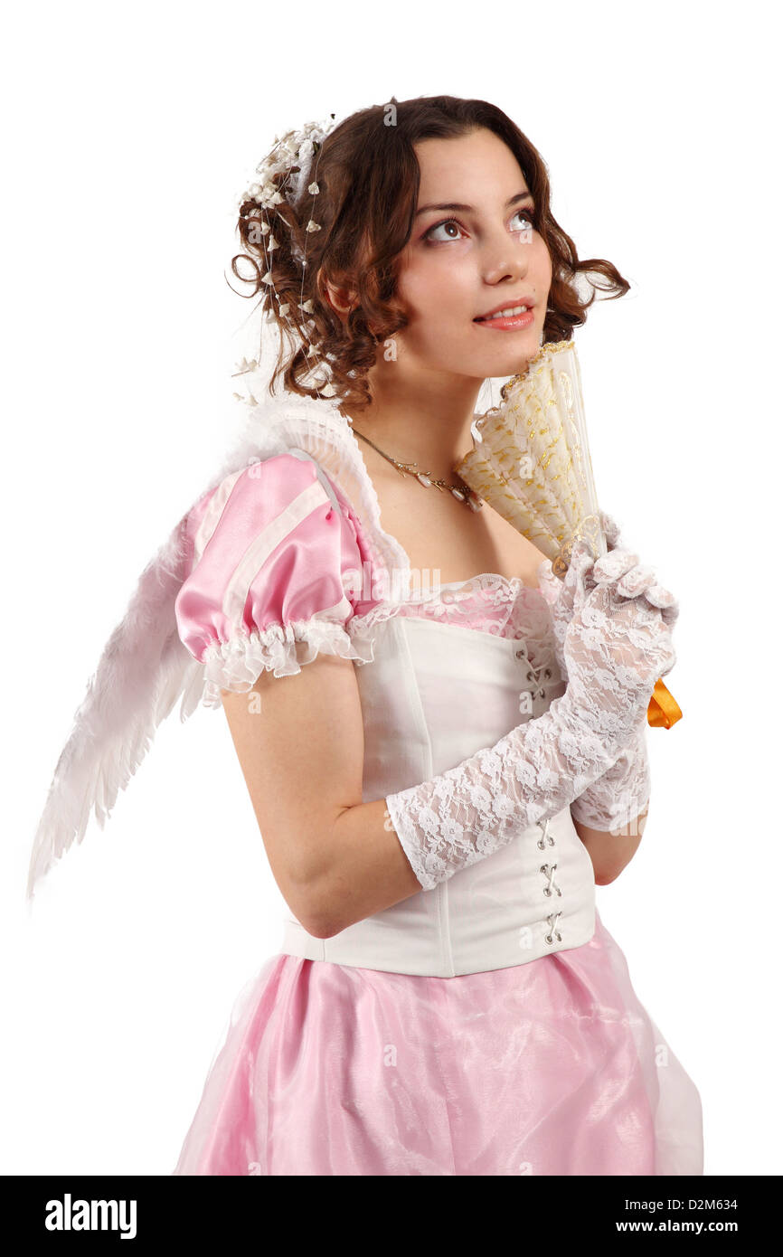 Girl with a fan on a white background Stock Photo - Alamy