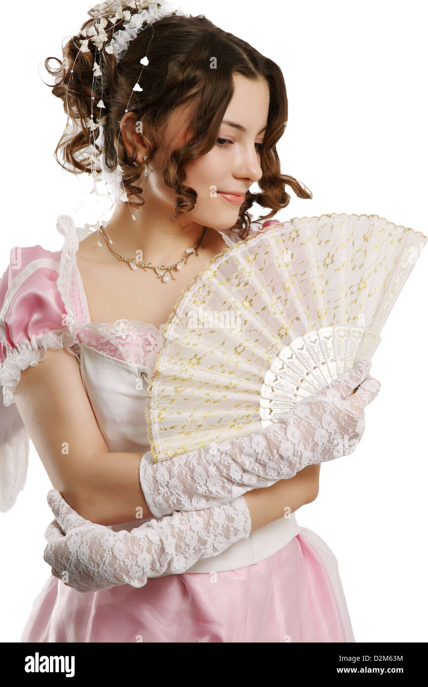 Girl with a fan on a white background Stock Photo - Alamy