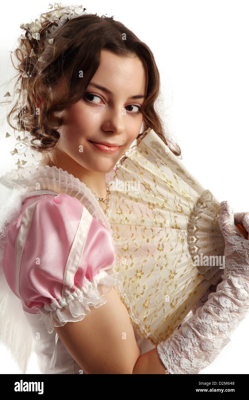 Girl with a fan on a white background Stock Photo - Alamy