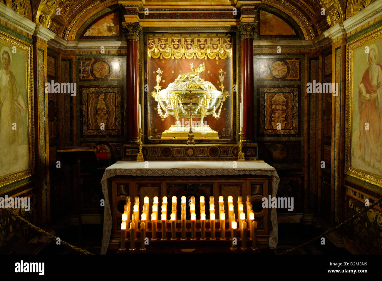 Rome Italy. Crystal urn trimmed in silver enshrining relics from infant ...