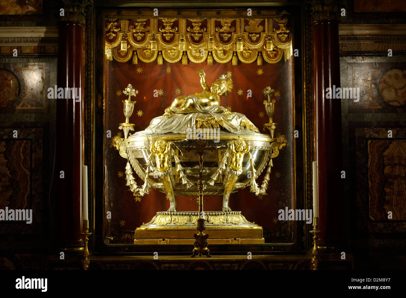 Rome Italy. Crystal urn trimmed in silver enshrining relics from infant ...