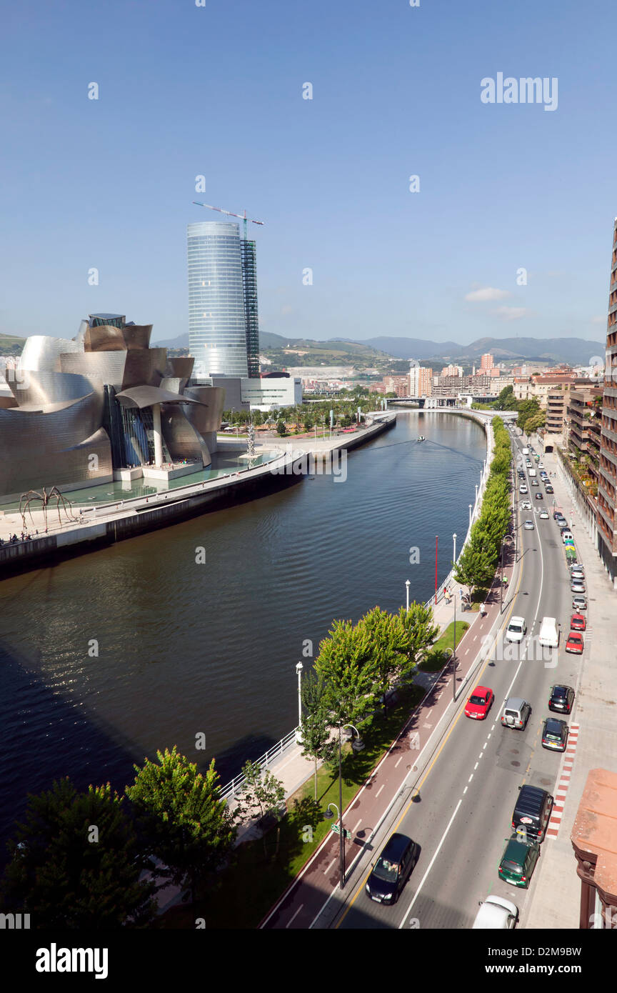 Arial view from La Salve Bridge, looking across the river Nervion ...