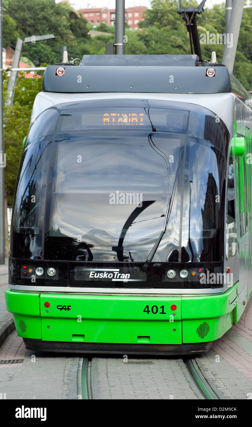 Close-up view of a tram from the Urban transit tramway system in Bilbao ...