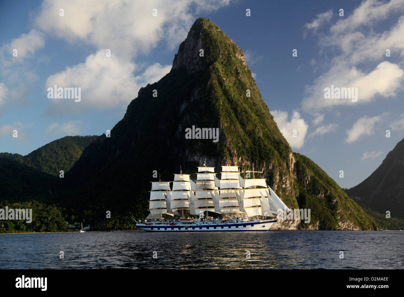 A modern clipper ship passes the Grand Tetons, St. Lucia Stock Photo ...