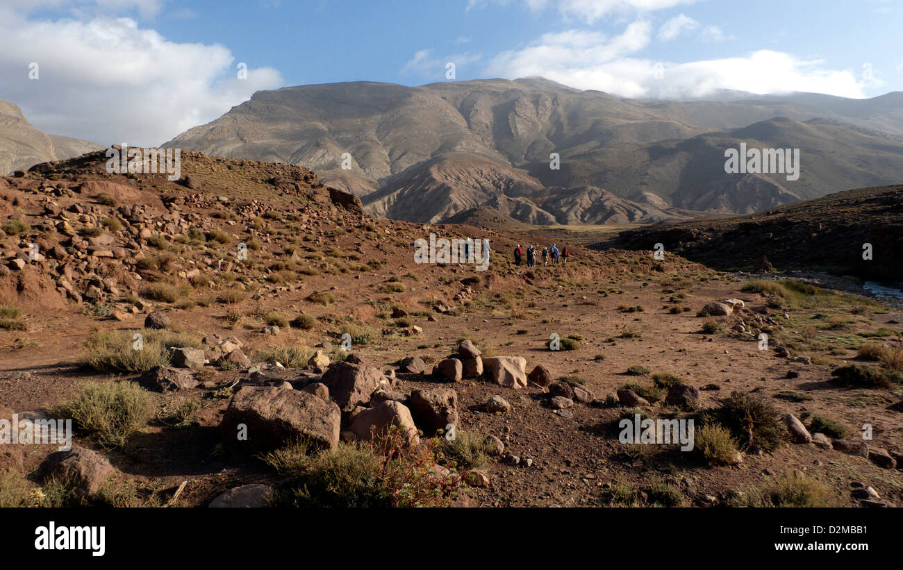 Trekkers on the way to Lake Tamda from Tijhza ( Tighza) pass abandoned ...
