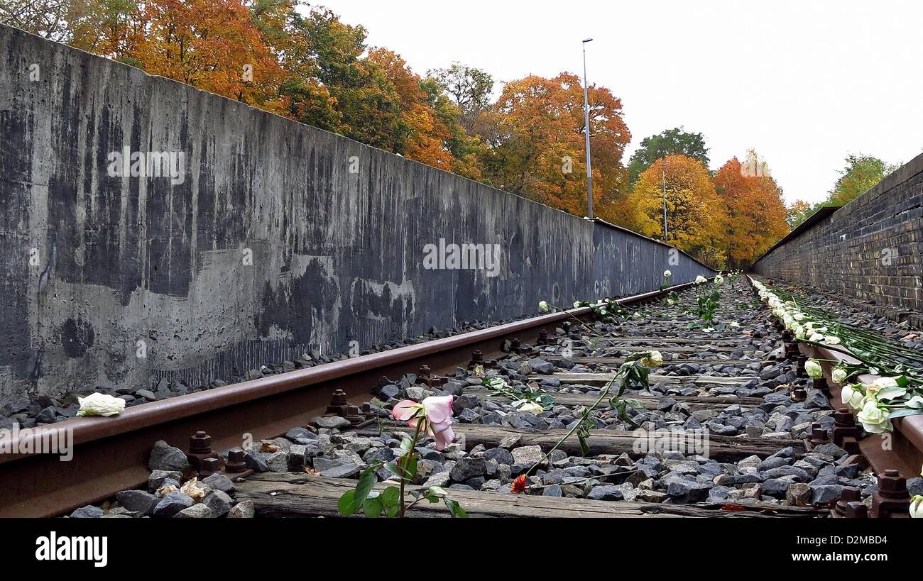 White roses lie on the steel plates of the Platform 17 memorial site at ...