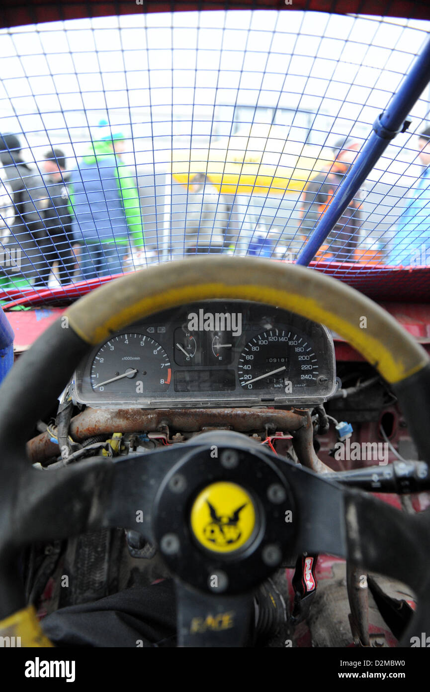 A car for the auto ice speedway is pictured in the paddock for ice ...