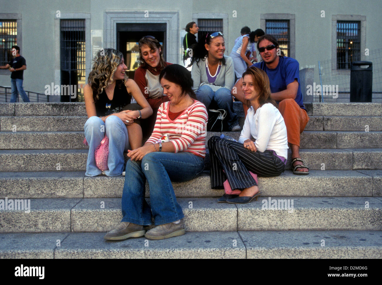 Spaniards, people, adults, women, man, friends, sitting on steps ...