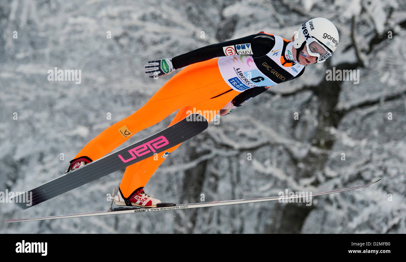 Katja Pozun of Slovenia soars through the air during women's team ski ...