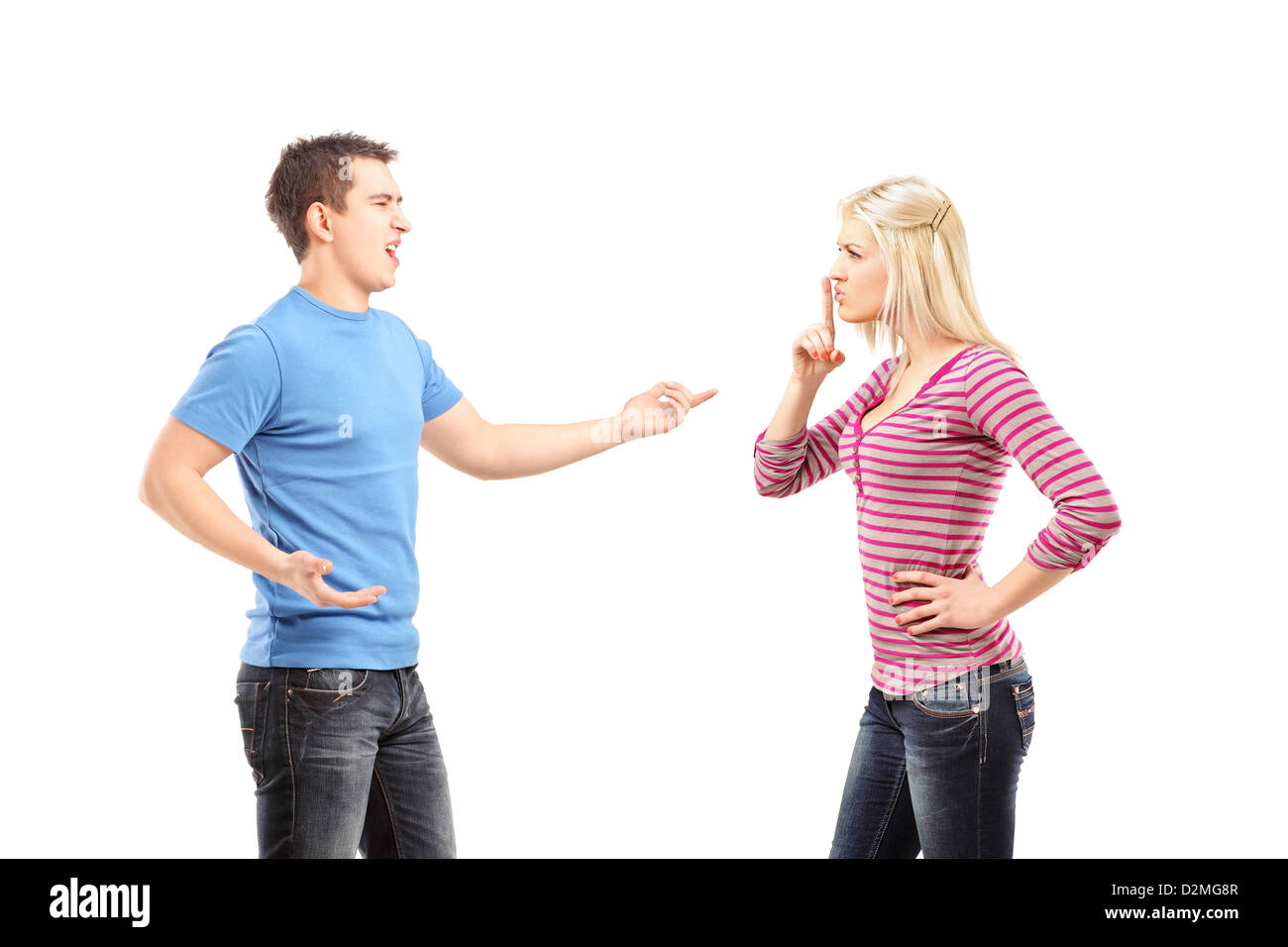 Young man shouting and woman gesturing silence isolated on white ...
